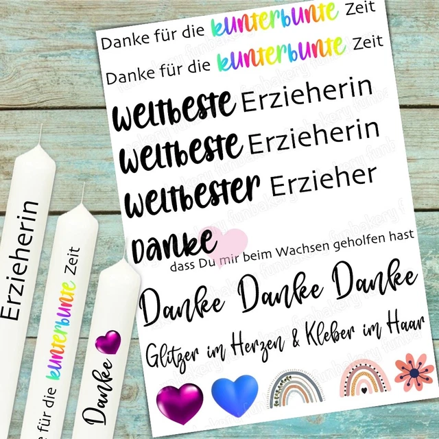 ERZIEHERIN DANKE GESCHENK Kerzentattoo Sticker Kindergarten Abschied ...