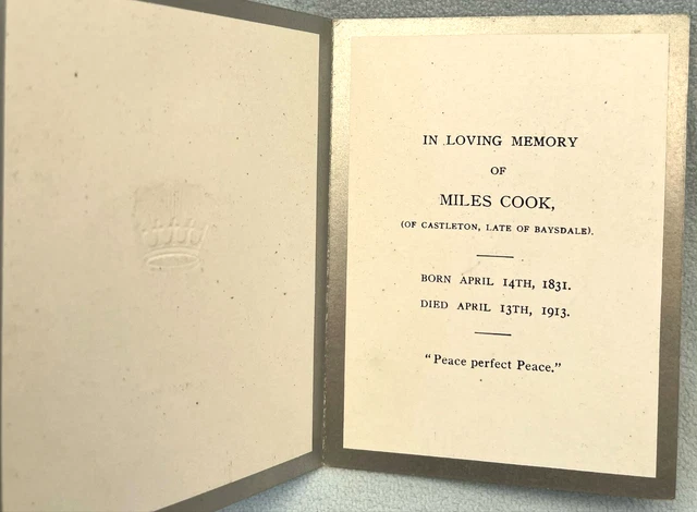 ANTIQUE CASTLETON IN Memoriam Remembrance Card Baysdale Named Miles ...