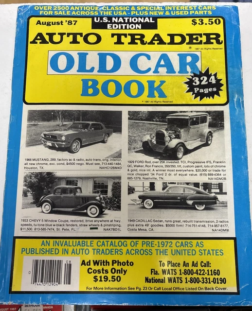 US NATIONAL AUTO Trader Old Car Book August 1987 Magazine VTG Antique ...