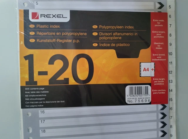 REXEL PLASTIC FILE Dividers Folder Document Index A4+ 1-20 Tabbed £1.50 ...