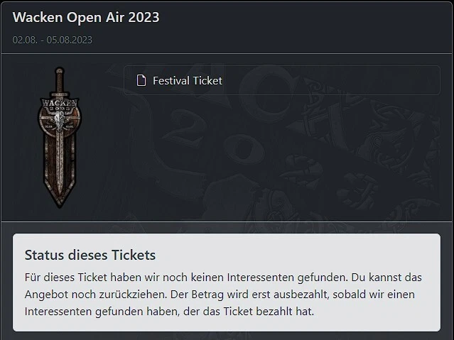 WOA - 1X Wacken Open Air Ticket 2023, alle Tage inkl. Camping EUR 219 ...