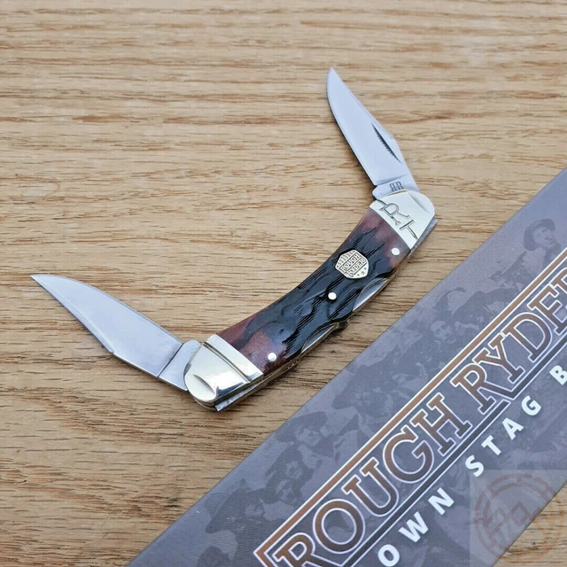 ROUGH RYDER DOUBLE Lock Pocket Knife Stainless Blade Brown Stag Bone ...