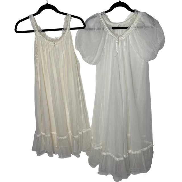 Vintage White Peignoir Set Nightie Nightgown Robe Small Nylon Lace Trim
