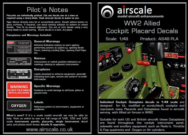 AIRSCALE MODEL AIRCRAFT Allied Cockpit Placard decals - 1/48 scale AS48 ...