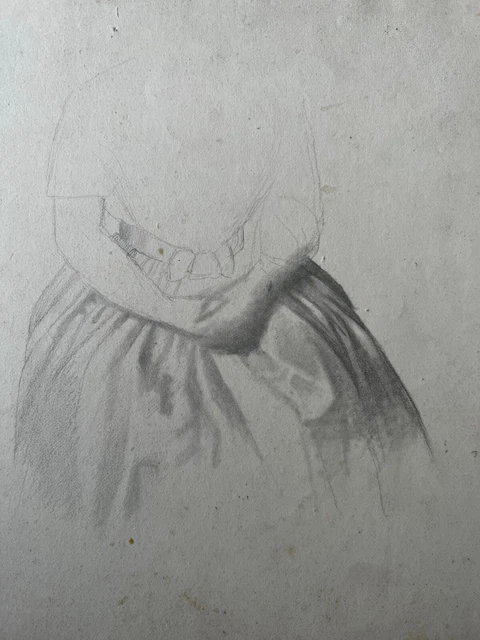 ANTICO DISEGNO A matita originale del XIX secolo donna seduta schizzo ...