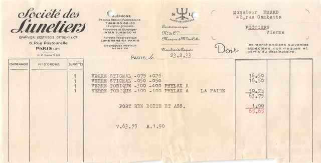 FACTURE 1933 Societe Des Lunetiers A Paris - M. Emard A Poitiers EUR 10 ...