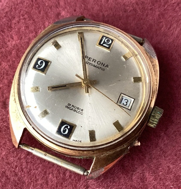 VINTAGE GENTS PERONA Automatic Gold Plate 21 Jewel Manual Wind Watch ...