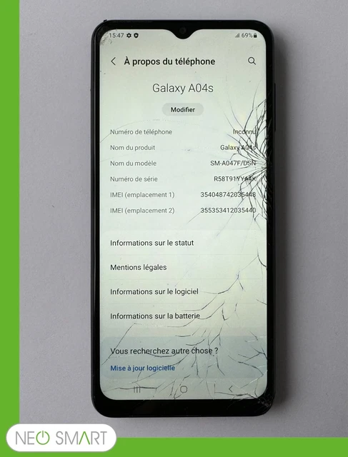 SMARTPHONE - SAMSUNG A04S - SM-A047F/DSN - 32 GO - Vitre écran cassée EUR 50,00 - PicClick FR