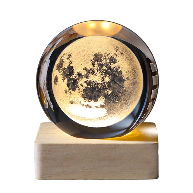 3D ENGRAVED LED Crystal Ball Light USB Charging for Bedroom Decor (moon ...