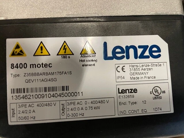 LENZE FREQUENZUMFORMER DRIVES 8400 motec 0,75 kW 400 V NEU OVP EUR 600 ...