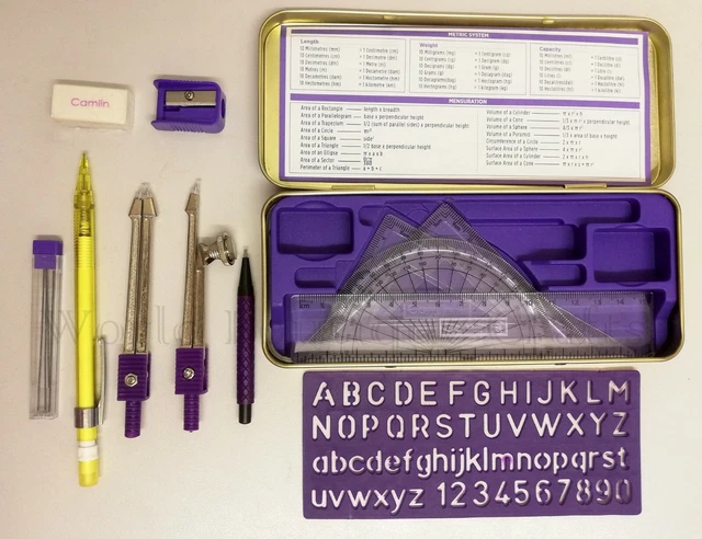 GEOMETRY BOX SET Maths Drawing Protractor Compass Stencil School ...