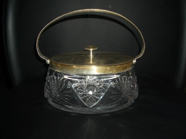 SILVER PLATED CUT glass lidded sweetmeat/bon bon holder - small dent to ...