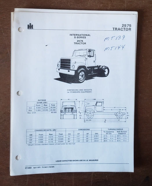 2575 S-SERIES INTERNATIONAL Harvester Truck Specification Sheet 1979 ...