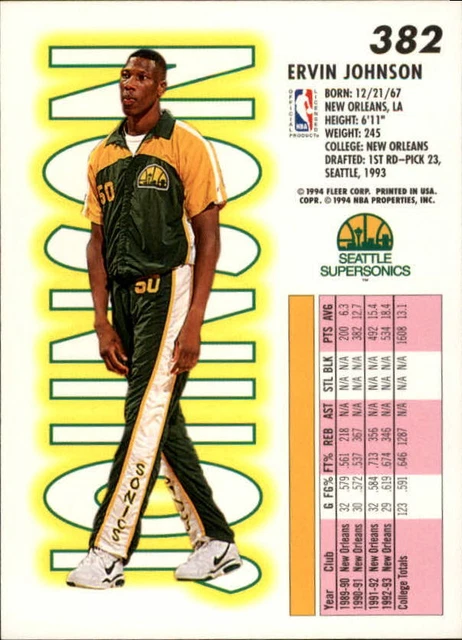 1993-94 FLEER SEATTLE Supersonics carte basketball #382 recrue Ervin ...