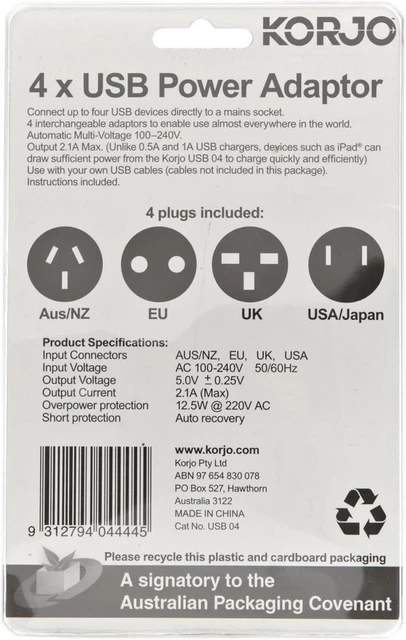 USB POWER HUB, Interchangeable for EU, UK, USA, , 4 USB Sockets $72.95 ...