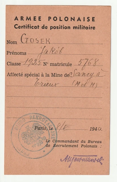 MILITAIRE ARMEE POLONAISE 1940 J. GOZEK Certificat Position Mine de ...