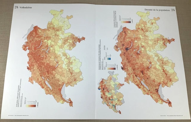 1978 LARGE VINTAGE Map of Switzerland Swiss Population Density Chart ...