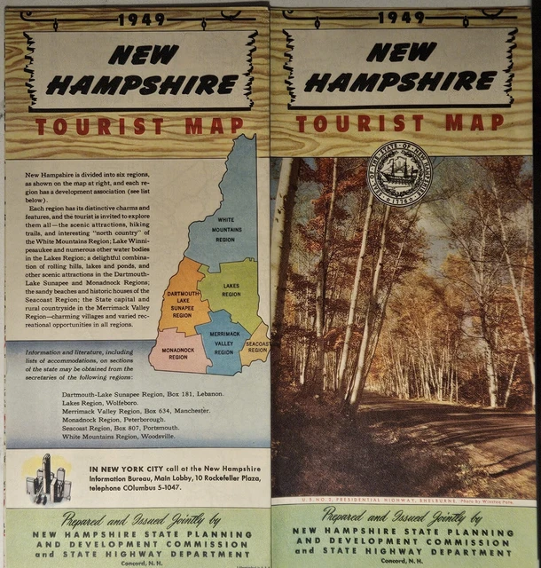 VINTAGE NEW HAMPSHIRE TOURIST MAP lllustrated in Color, Travel Ephemera ...