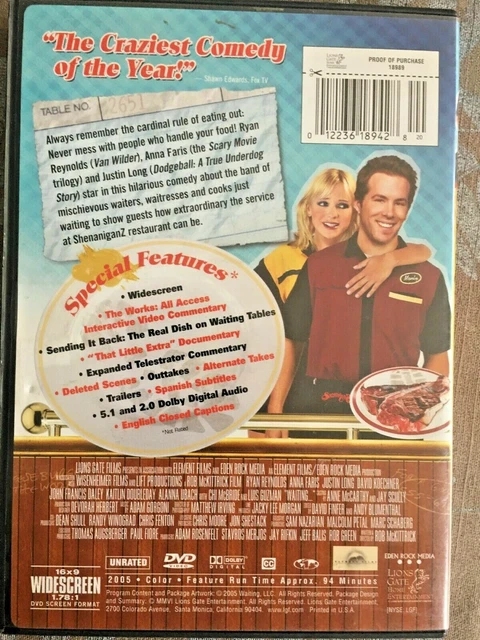 WAITING...2-DISC DELUXE EDITION "Unrated & Raw" Ryan Reynolds 2005 $11. ...