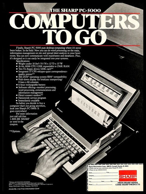 SHARP PC-5000 1984 computadora portátil impresión anuncio computadoras ...