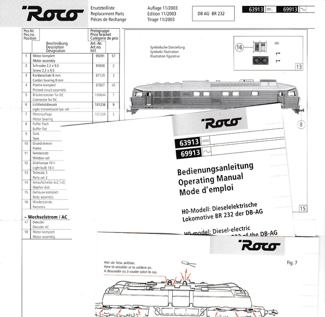 ROCO H0 LOKOMOTIVEN, Bedienungsanleitung Ersatzteilliste, BR 232 Art ...