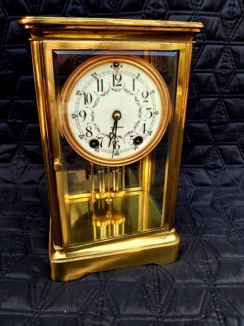 ANTIQUE CLOCK GILDED Four Glass Regulator Carriage Clock Brass Gong ...
