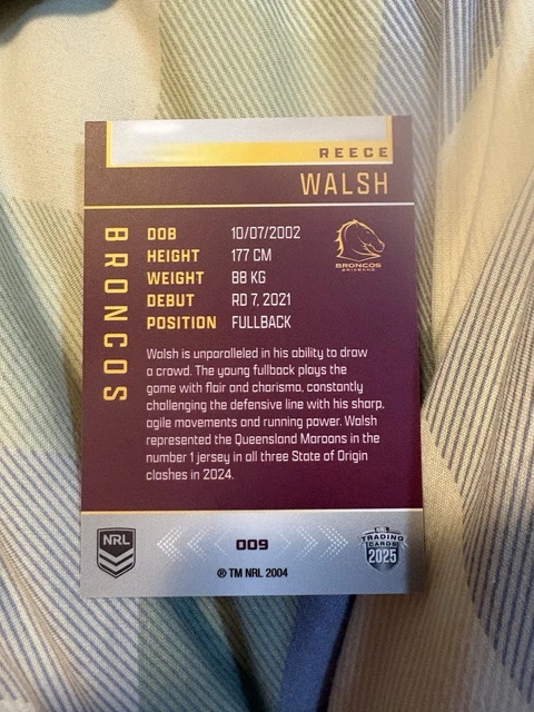 SIGNED REECE WALSH Brisbane Broncos 2025 NRL Elite Card $20.00 ...