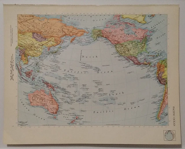 1960'S VINTAGE PACIFIC OCEAN Atlas Map - Old Antique Rand McNally World ...