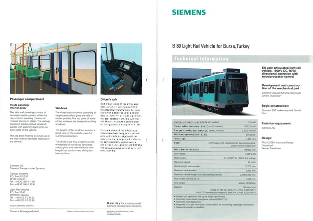 SIEMENS DATA-SHEET B80 Light Rail Vehicle for Bursa, Türkiye EUR 5,50 ...