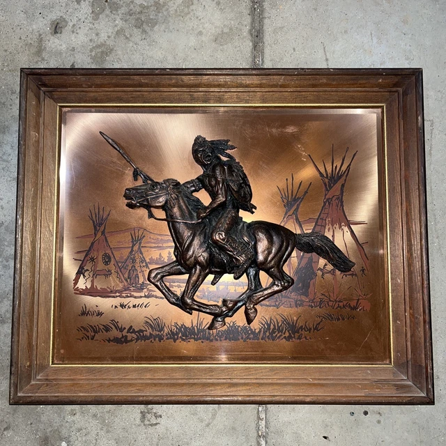 JOHN LOUW 3D Copper Relief Art Wall Hanging Indian Chief Teepees Riding ...