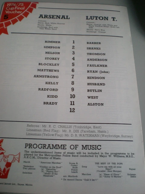 ARSENAL V LUTON TOWN, 21st SEPTEMBER 1974, NO WRITING, STAPLES REMOVED ...