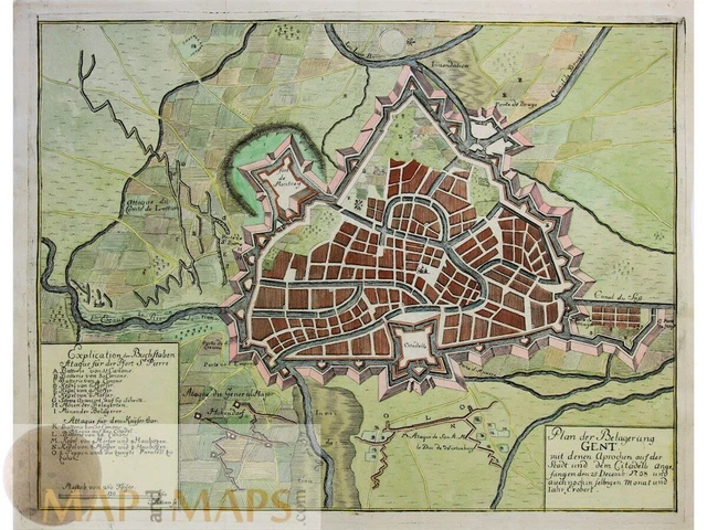 CARTES ANCIENNES DE Belgique, plan de bataille de Gand Gand par Merian ...