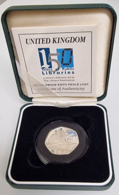 ROYAL MINT 2000 50p Silver Proof Coin 150 Years Public Libraries COA ...