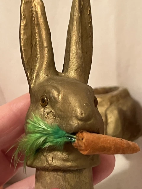 LARGE ANTIQUE GERMAN Rabbit Sitting In Egg Candy Container Glass Eyes 8 ...