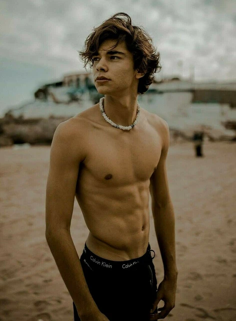 Shirtless Male Beach Jock Hunk Muscular Beefcake Shaggy Hair Man Photo