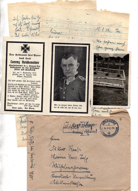 VINTAGE GERMAN WW2 letter+soldiers death card (1 day apart 14/15aug1942 ...