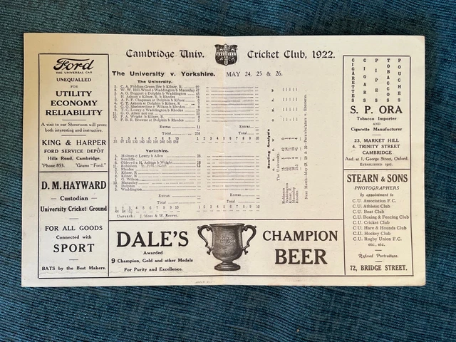 RARE CRICKET SCORECARD - Cambridge University v Yorkshire - 1922 £21.49 ...