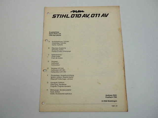 STIHL 010 011 AV Kettensäge Motorsäge Ersatzteilliste Ersatzteilkatalog 01/198 EUR 19,90 ...