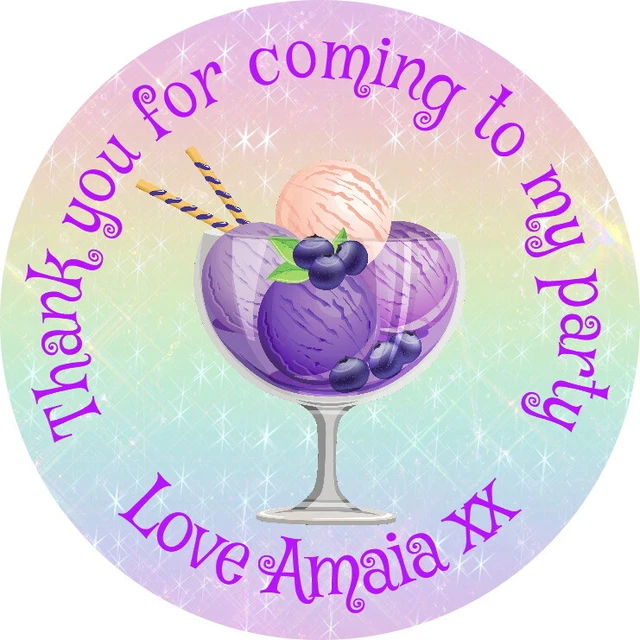 PERSONALISED GLOSS ICE Cream Sundae Birthday Party Sticker Sweet Cone ...