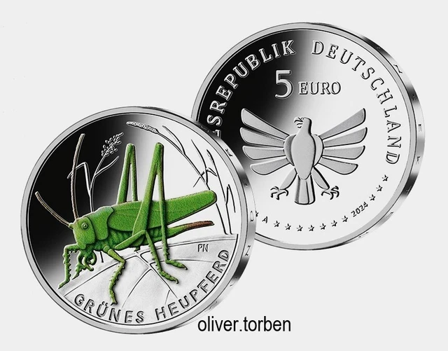 GERMANY 5 EURO 2024 A green hay horse locust insect color coin prfr ...
