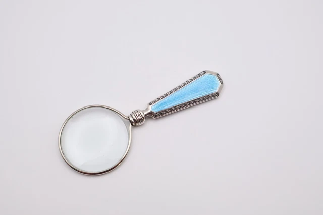 ANTIQUE SILVER BLUE Guilloche Enamel Handled Magnifying Glass Stamped ...
