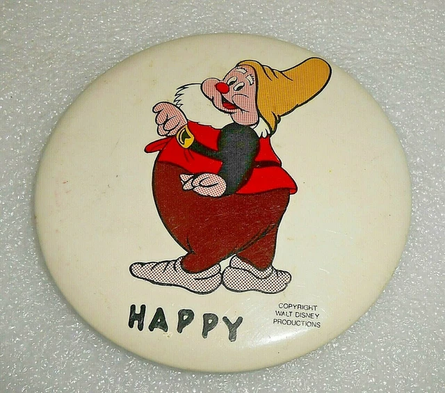 VINTAGE DISNEY WDP HAPPY Dwarf Snow White 7 Dwarfs Large Pinback Button ...