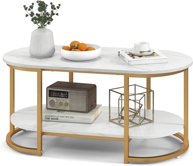 WHITE MARBLE COFFEE Table - Modern 2-Tier Center Table w/Open Storage ...