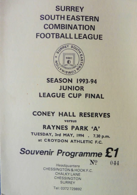 CONEY HALL V Raynes Park 'A' At Croydon Fc 3/5/1994 Surrey League Cup ...
