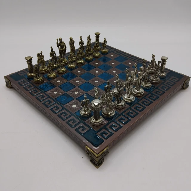 ANCIENT GREEK STYLE Gold & Silver Coloured Full Metal Chess Set + Resin ...