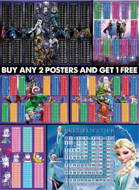 FORTNITE / FROZEN / Superhero Times Table Math Poster Chart Educational ...