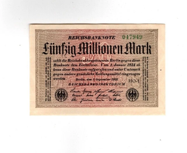 GENUINE 50 MILLION Mark Weimar inflation banknote 1923 nearly unc ...