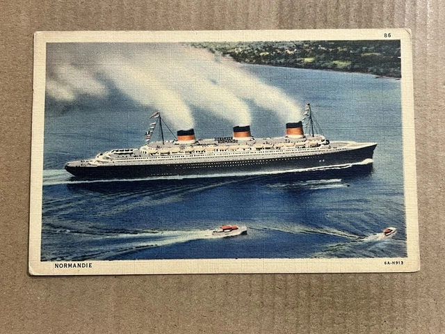 POSTCARD SS NORMANDIE Ocean Liner CGT French Line Ship Aerial View ...