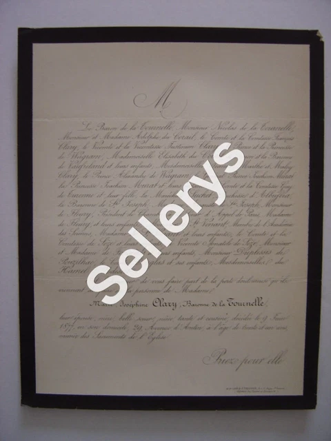 FAIRE PART DE décès de Madame Marie Joséphine Clary Baronne de la Tournelle 1877 EUR 24,90 ...