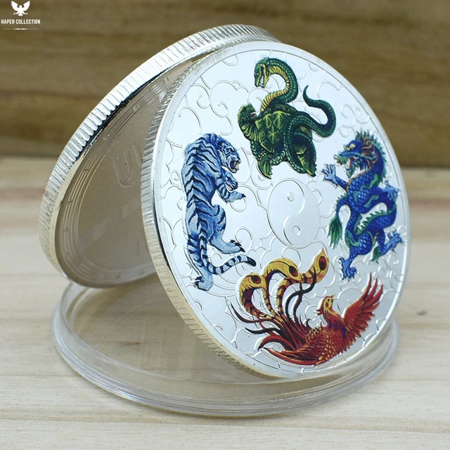 CHINESE ANCIENT MYTHICAL Creatures Silver Coin Dragon Tiger Lucky Coin ...